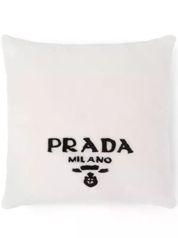Prada Embroidered-logo Sheepskin Cushion - White