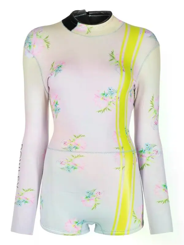 Cynthia Rowley Striped Floral-print Long Sleeve Swimsuit
