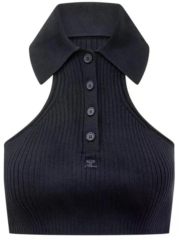 COURREGES Navy Ribbed Polo Collar Cropped Top