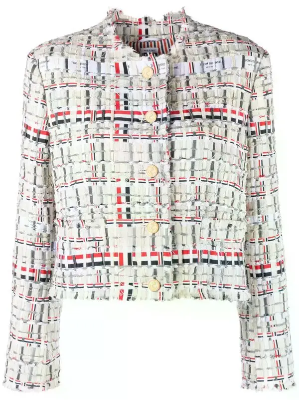 Thom Browne Deconstructed Tweed Jacket With Rwb Stripe - Neutrals