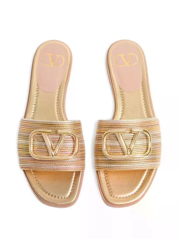 Valentino Garavani Vlogo Signature Metallic Leather Slide Sandals With Cornely Embroidery