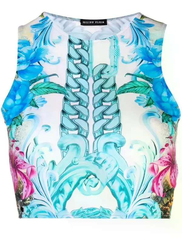Philipp Plein Hawaii-print Cropped Top - Blue