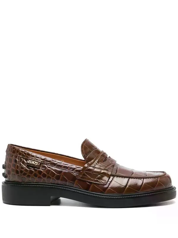 TOD'S Croc-effect Leather Loafers - Brown