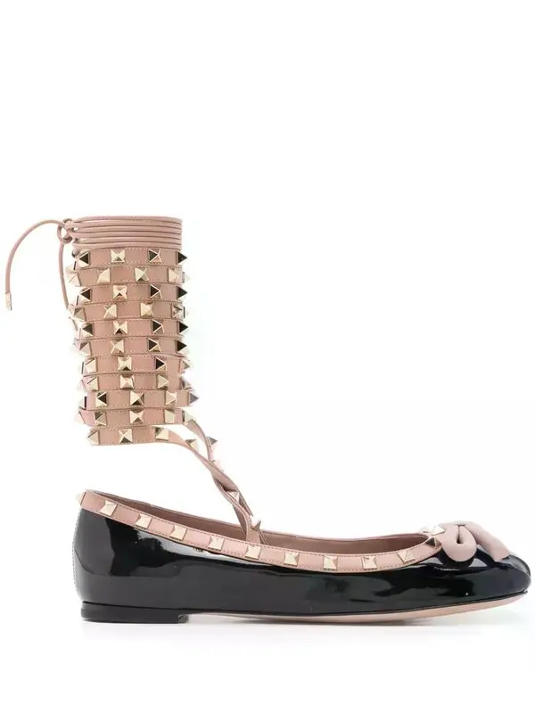 Valentino Garavani Rockstud Lace-up Leather Ballerinas - Black