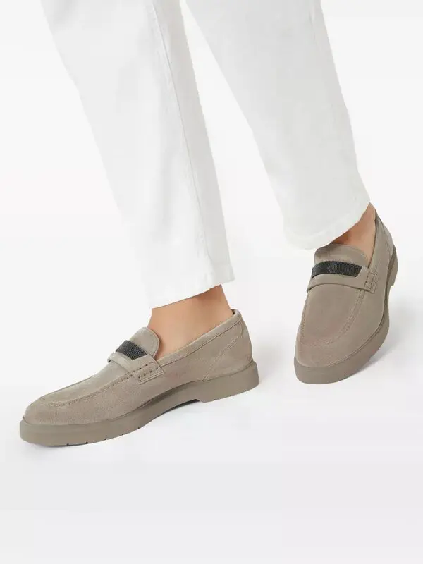 Brunello Cucinelli Monili Detail Suede Penny Loafers - Neutrals