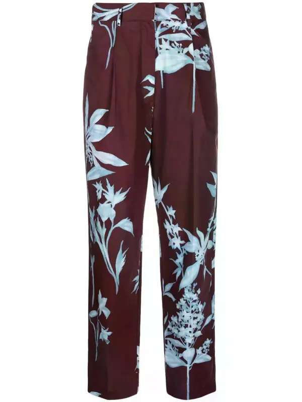 FORTE_FORTE Floral-pattern Cotton Straight-leg Trousers - Brown