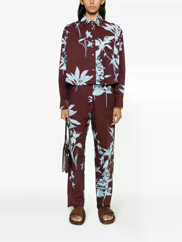 FORTE_FORTE Floral-pattern Cotton Straight-leg Trousers - Brown