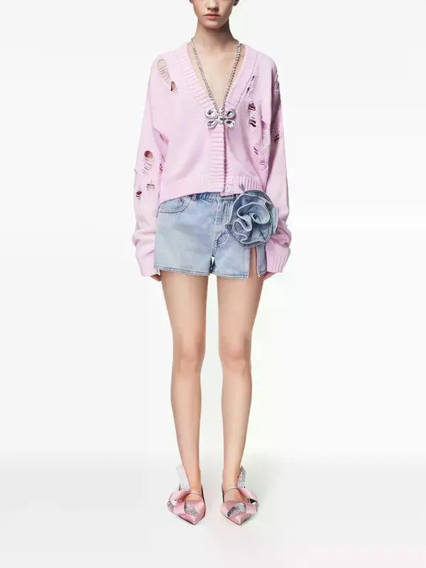 AREA Floral-appliqué Denim Shorts