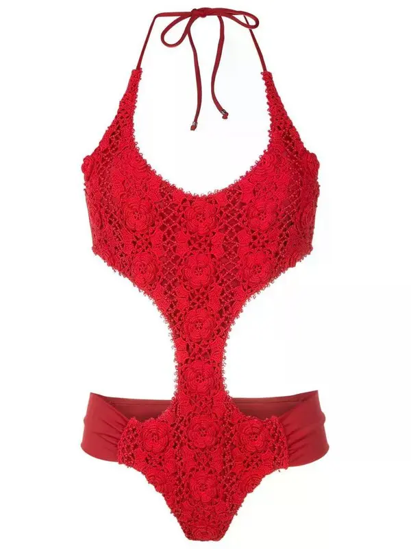 AMIR SLAMA Floral-lace Detail Halterneck Swimsuit - Red