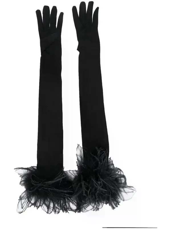 STYLAND Feather-trim Gloves - Black