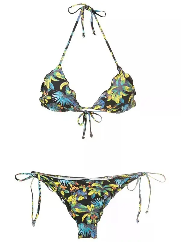AMIR SLAMA Tropical-print Ruffle Triangle Bikini - Black