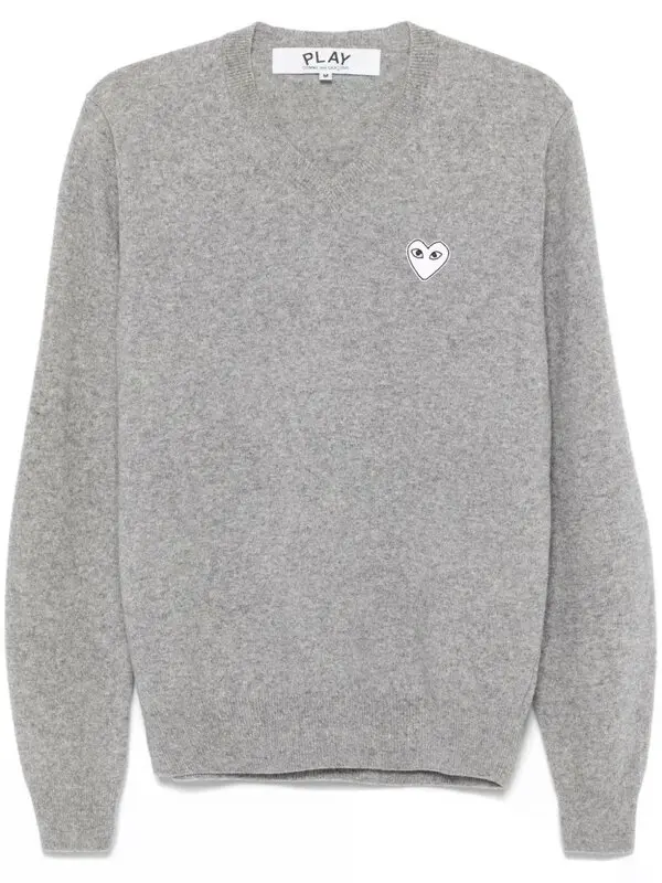 Play Comme Des Garcon V-neck Pullover With Signature Heart Patch - Grey