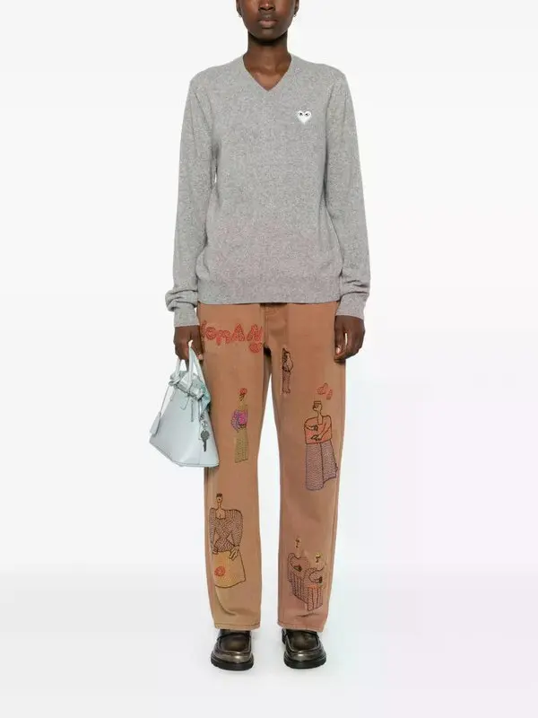 Play Comme Des Garcon V-neck Pullover With Signature Heart Patch - Grey