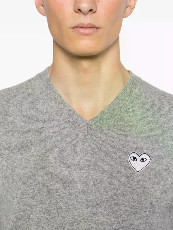 Play Comme Des Garcon V-neck Pullover With Signature Heart Patch - Grey