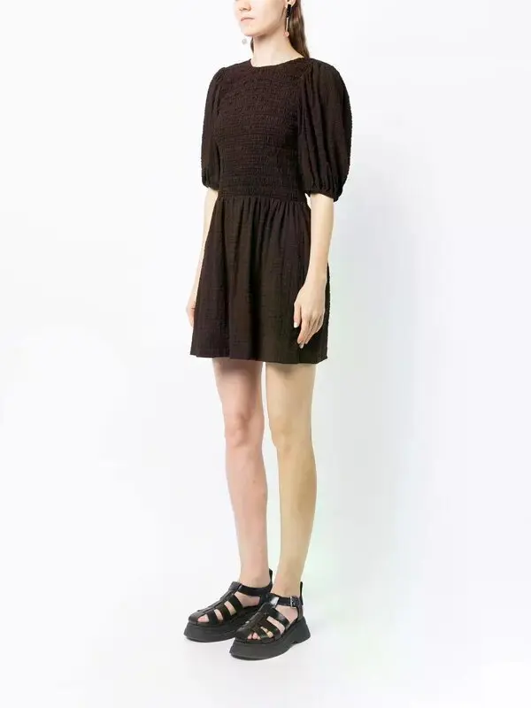 GANNI Striped Smocked Mini Dress - Brown