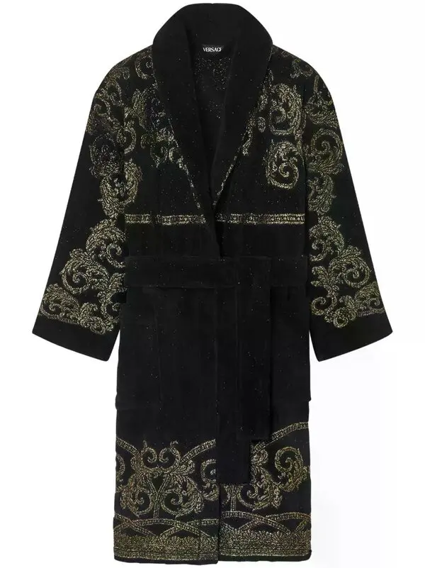 Versace Barocco-embroidered Belted Bath Robe - Black