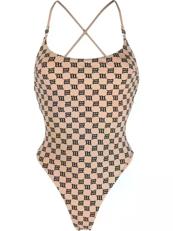 MISBHV Criss-cross Monogram-print Thong Swimsuit - Neutrals