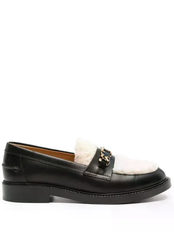 TOD'S Shearling Panel Logo Chain Loafers - Black