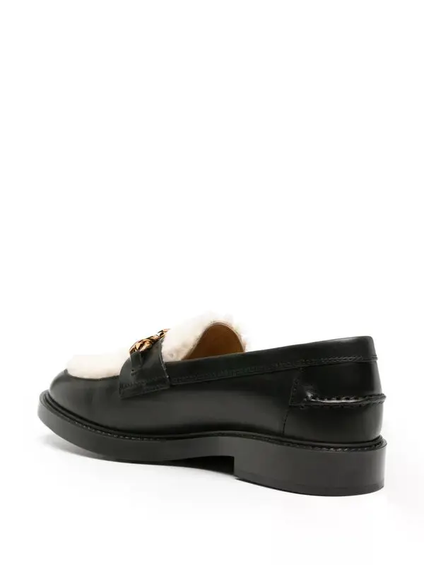 TOD'S Shearling Panel Logo Chain Loafers - Black