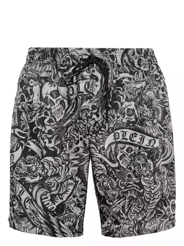 Philipp Plein Tattoo-print Drawstring Swim Shorts - Black