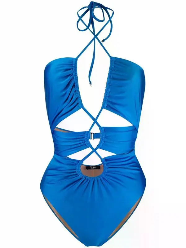 NOIRE SWIMWEAR Gathered Cut-out Halterneck Swimsuit - Blue