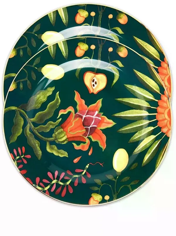 La DoubleJ Dragonfruit-print Set Of Two Dessert Plates - Green