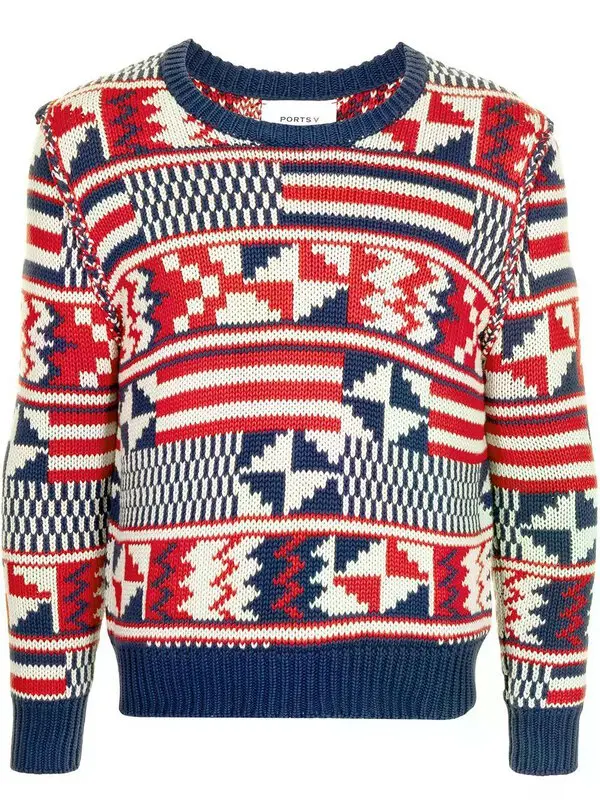 PORTS V Geometric-print Knitted Jumper - White