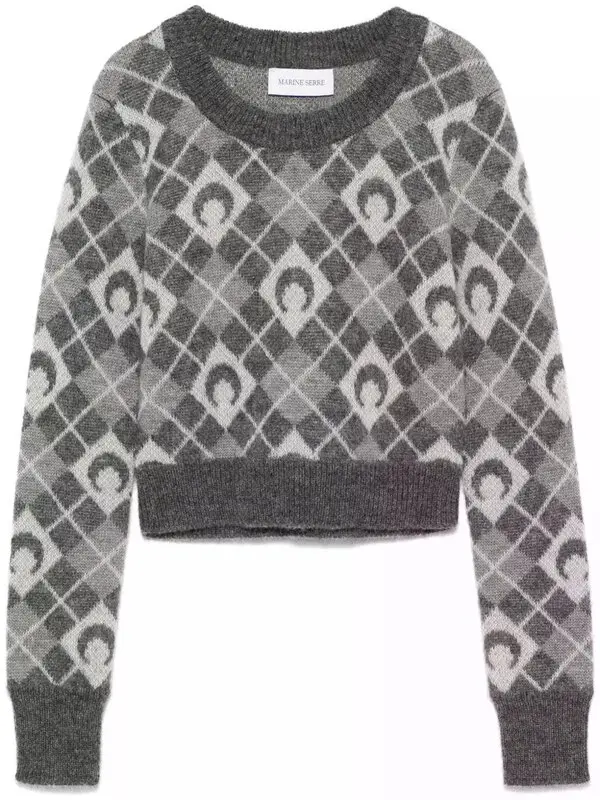 MARINE SERRE Moon Argyle Knit Sweater - Grey