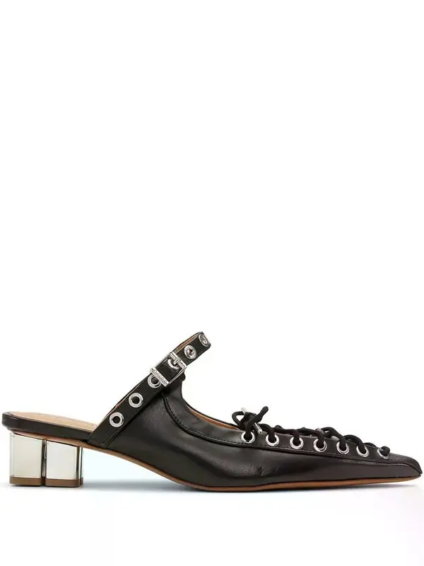 GANNI Lace-up Leather Mules With Silver-tone Block Heel - Black