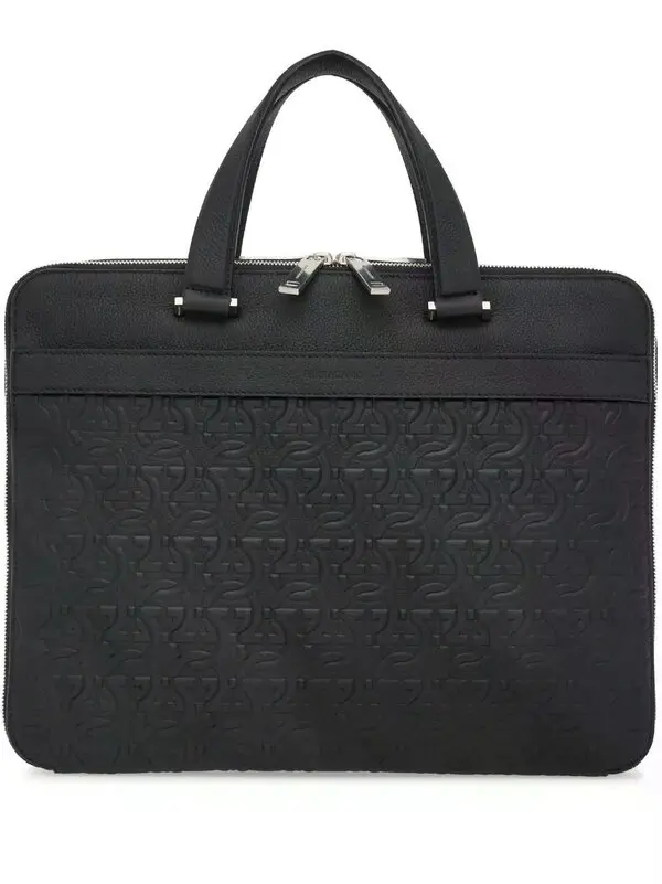 FERRAGAMO Monogram-embossed Leather Briefcase - Black