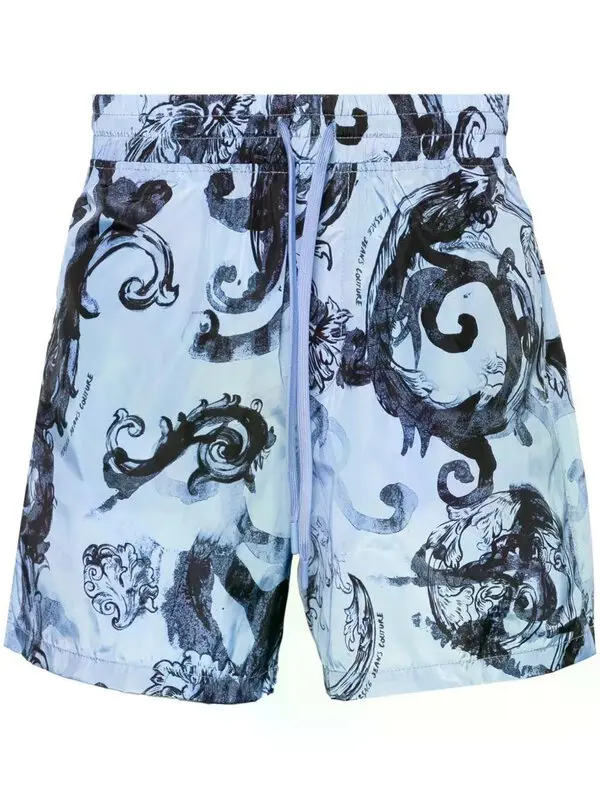 Versace Watercolour Couture-print Deck Shorts - Blue