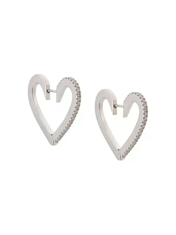 CADAR 18kt White Gold Endless Medium Diamond Heart Hoop Earrings - Silver