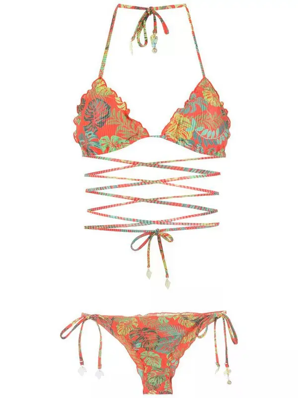 AMIR SLAMA Palm Leaf Print Bikini - Red