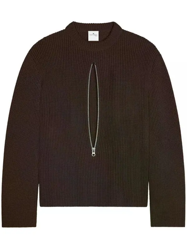 COURREGES Zipped Ribbed Wool Sweater - Brown