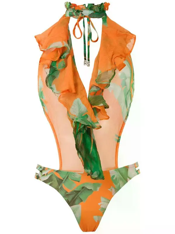AMIR SLAMA Printed Ruffle Swimsuit - Orange