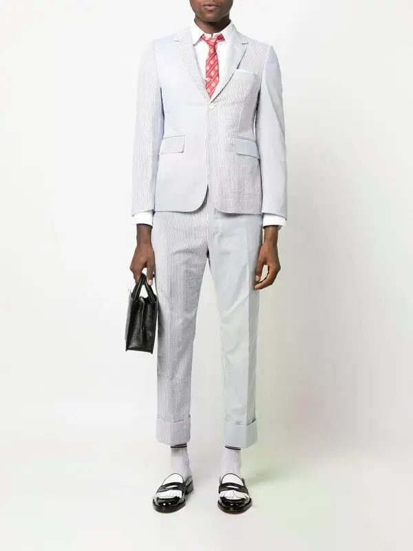 Thom Browne Cropped Seersucker Trousers With Vertical Stripe Panelling