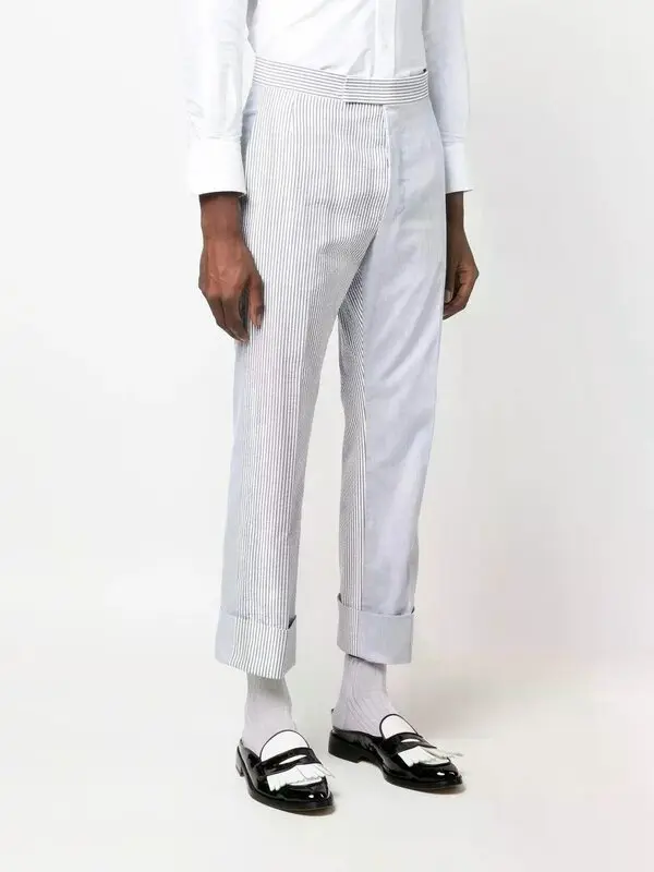 Thom Browne Cropped Seersucker Trousers With Vertical Stripe Panelling
