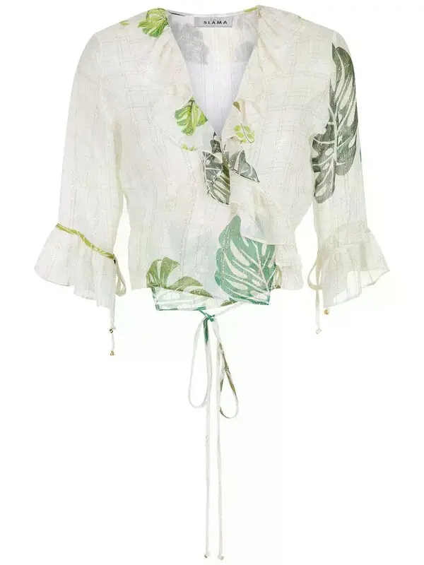 AMIR SLAMA Palm Leaf Print Ruffle Blouse - Neutrals