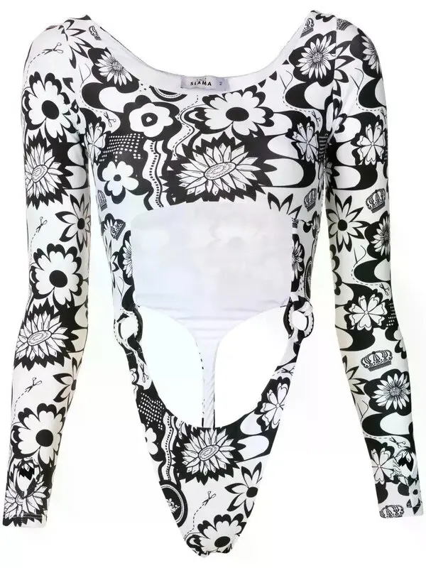 AMIR SLAMA Floral-print Cut-out Top - Black