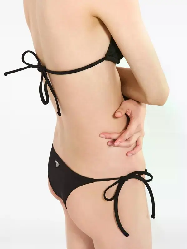 Prada Interlock Knit Bikini Bottom With Side Ties And Enamel Triangle Logo - Black