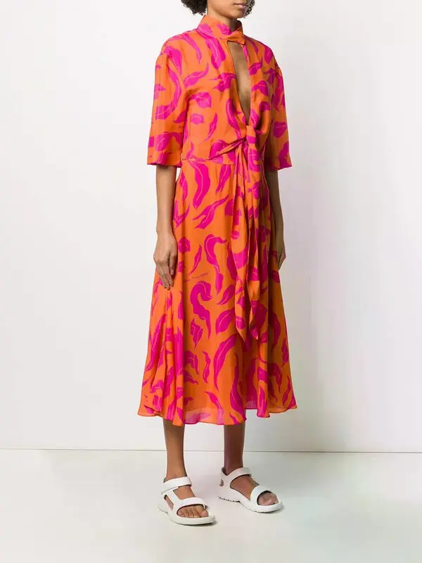Off-White Leaf Print Plunge Dress
