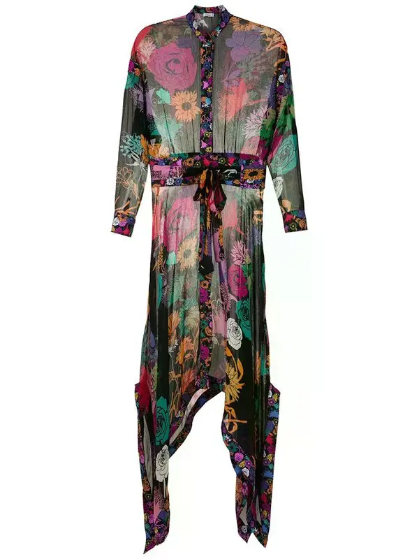 AMIR SLAMA Floral Print Silk Long Dress - Black