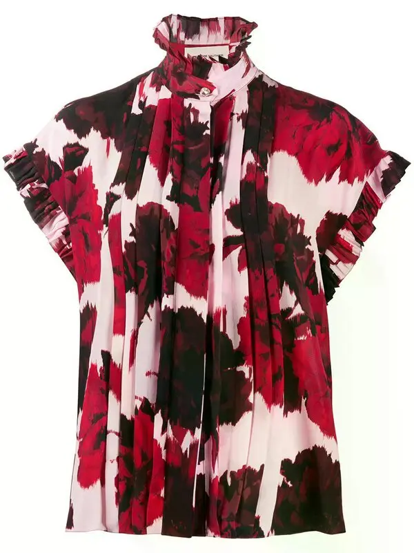 Alexandre Vauthier Floral Print Ruffle Neck Shirt - Red