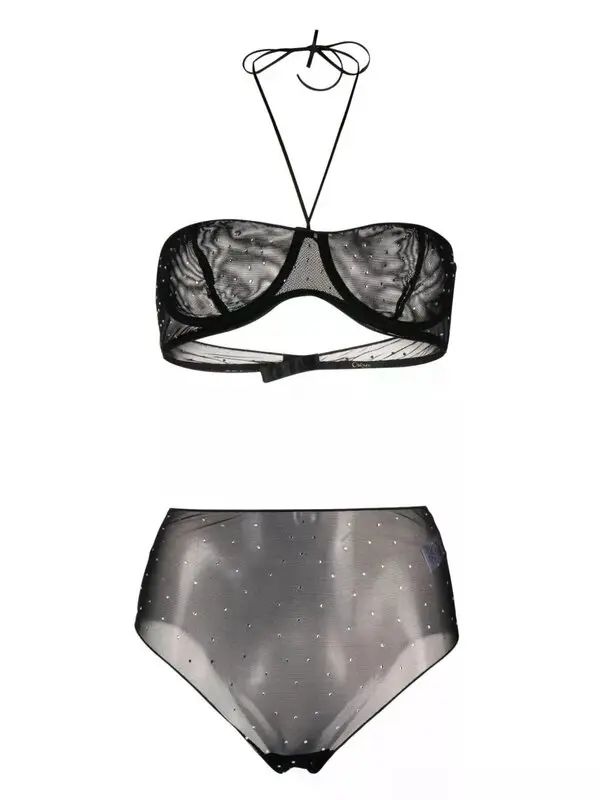 Oseree Crystal-embellished Bra Set - Black