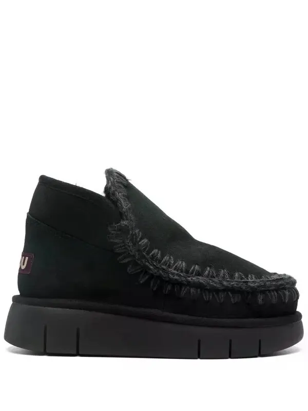 Mou Sheepskin Suede Ankle Boots With Crochet Trim - Black