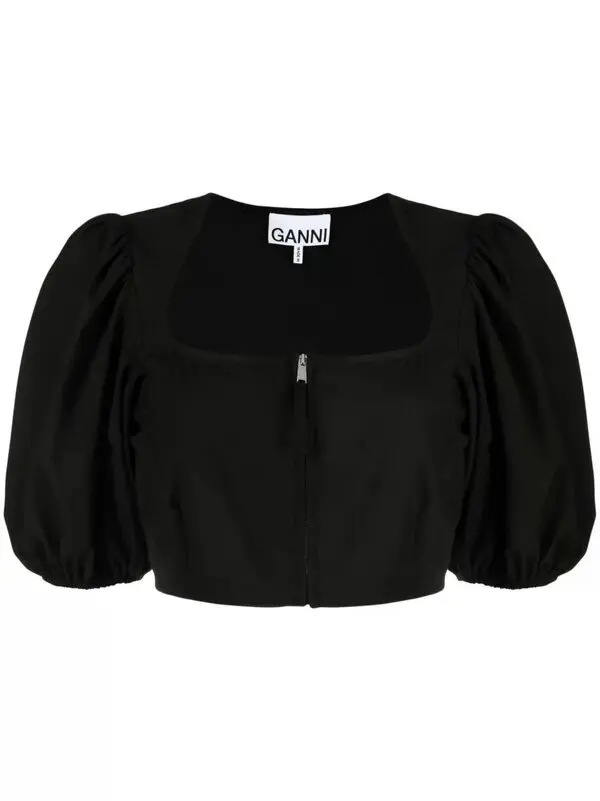 GANNI Cropped Puff-sleeve Blouse