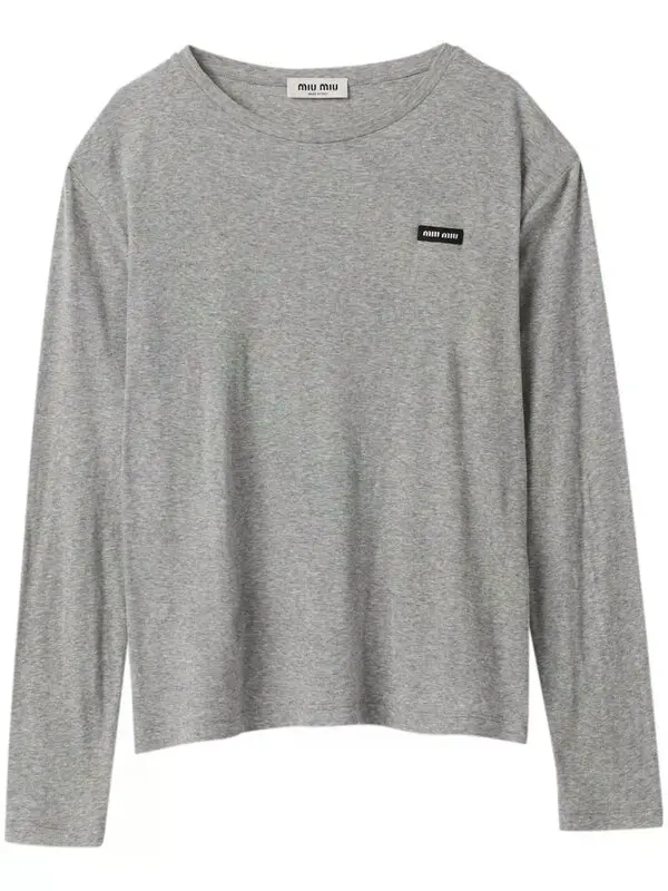 Miu Miu Long Sleeve Ribbed Jersey T-shirt With Logo Patch - Grey