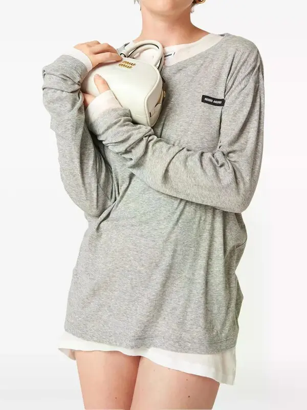 Miu Miu Long Sleeve Ribbed Jersey T-shirt With Logo Patch - Grey