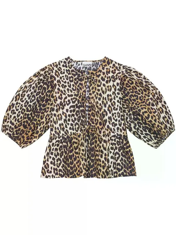 GANNI Leopard-print Organic-cotton Blouse - Brown