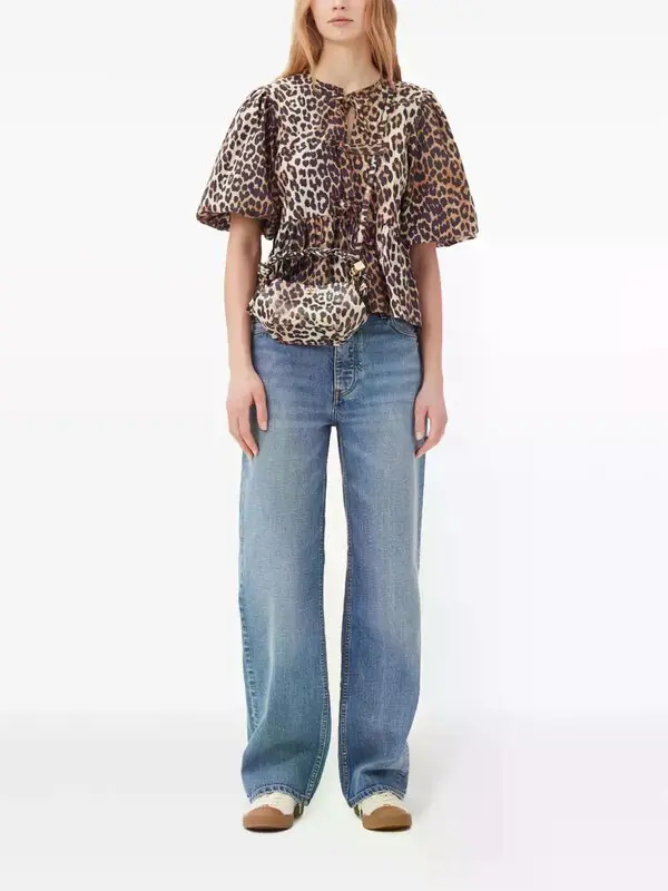 GANNI Leopard-print Organic-cotton Blouse - Brown